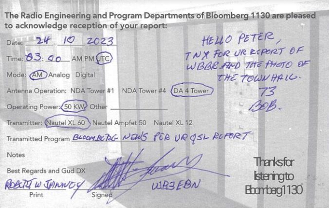 QSL WBBR 1130 Bloomberg Radio ... Wow! - Peter's DX Corner