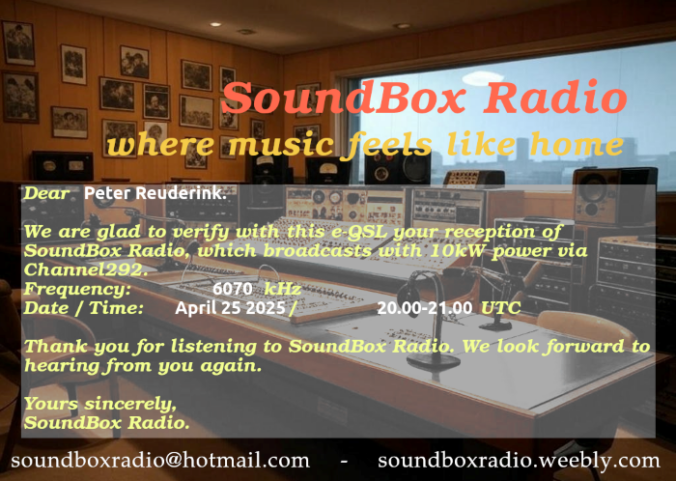 QSL SoundBox Radio via Channel 292 on 6070 kHz - Peter's DX Corner