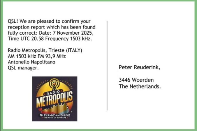 QSL Radio Metropolis 1503 kHz - Peter's DX Corner