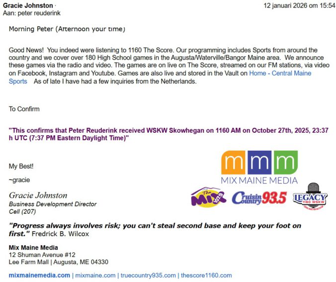 QSL WSKW "The Score 1160" Skowhegan - Peter's DX Corner